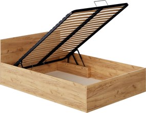 Postel s kovovým roštem a úložným prostorem, 140x200, dub craft zlatý, DOLI