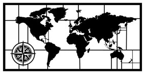 Nástěnná kovová dekorace Mapa světa kompas II 121x60 cm černá