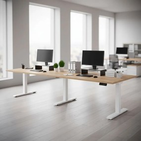 Výškově nastavitelný stůl OfficeTech Long, 260 x 80 cm, bílá podnož, dub kamenný