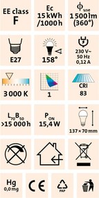žárovka LED klasická, 15W, 1350lm, E27, teplá bílá