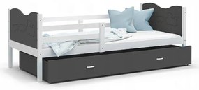 Dětská postel MAX P 80x190cm s bílou konstrukcí v šedé barvě s motivem vláčku
