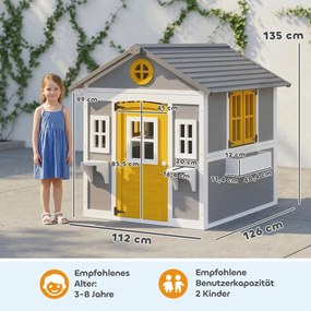 Outsunny dřevěný domeček do interiéru i exteriéru s dveřmi, okny, truhlíky a policemi — šedý, pro děti 3–8 let