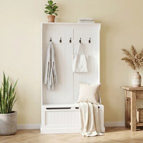 HOMCOM věšák na kabáty s botníkem a lavičkou, organizační prvek do předsíně, s 5 háčky a úložným prostorem, 96x34x179,7cm, slonová kost