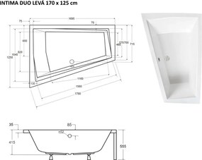 Besco INTIMA DUO 170 x 125 cm VANINTID17L+OLVPINOZSTELID vana vč. nožiček levá