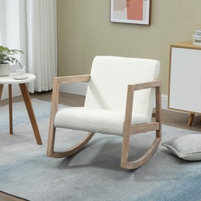 HOMCOM Houpací křeslo Relaxační křeslo s dřevěným rámem, čalouněné, lounge, kaučukovník, krémově bílé