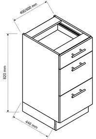 Expedo Kuchyňská skříňka dolní šuplíková OREIRO D40S/3, 40x82x44,6, popel/světle šedá