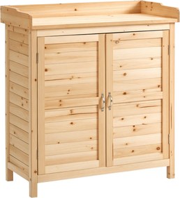 Dřevěný zahradní skříň Outsunny - Úložný shed s 2 dveřmi, policí a zdviženými nohami pro terasu a patio 83x40x92 cm - Přírodní | Aosom