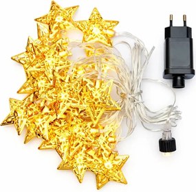 LED světelný řetěz, kovové hvězdy, 7 m, vnitřní, teple bílá, 20 diod, čirý kabel, IP20, vč. zdroje