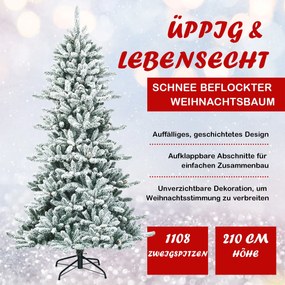 Costway 210 cm Umělý vánoční strom se zasněženou tužkou s šiškami zelená +