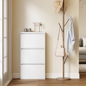 HOMCOM kovová skříňka na boty s 3 výklopnými přihrádkami — úzká nástěnná skříňka na 6 párů, 55 × 15 × 105,5 cm, bílá