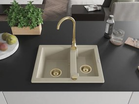 Mexen Carlos, granitový dřez 582x475x177 mm, 1,5-komorový, béžová se zlatým sifonem, 6518581500-69-G