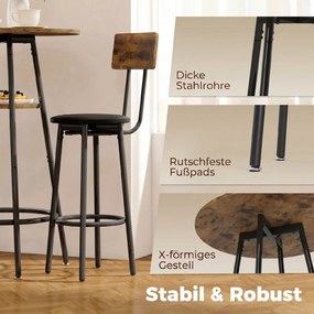 HOMCOM barový set pro 2 se stolem a 2 polstrovanými stoličkami, opěrkami nohou, kovový rám — industriální, rustikální hnědá