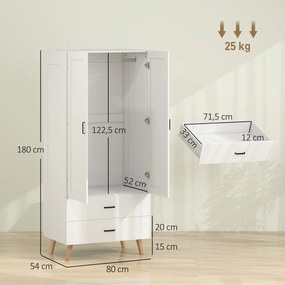 HOMCOM šatní skříň se 2 dveřmi s tlumeným zavíráním, 2 zásuvkami a šatní tyčí, 80x54x180 cm, bílá