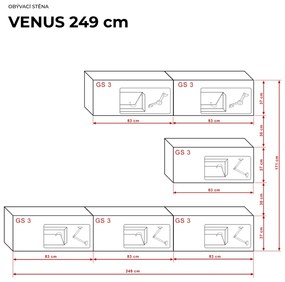 Ral Obývací stěna VENUS 6, 249 cm - Bílo/černý lesk