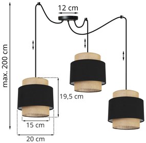 Závěsné svítidlo BOHO SPIDER, 3x jutové/černé textilní stínítko