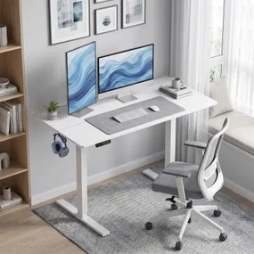 HOMCOM Elektrický stojací-sedadlový stůl 120 x 60 cm, 3 paměťové výšky, dětská pojistka a protinárazová funkce, pro práci, bílá