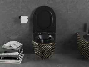 Mexen Lena WC mísa Rimless se záchodovým prkénkem s pomalým sklápěním slim, duroplast, černá mat/zlatý vzor mřížka