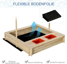 Square Wooden Sandpit Outsunny 1,18L x 1,18W x 1,18H m - Nastavitelná výška, sklon střechy, uzavíratelný - 2 vaničky - Autoklávované jedlové dřevo