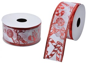Bílo-červená vánoční stužka s motivem cukrátek – 38 mm