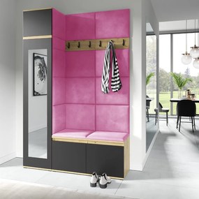 Eka Předsíňová stěna s čalouněnými panely Trinity 22 - Dub Artisan s černou / Růžová 2310