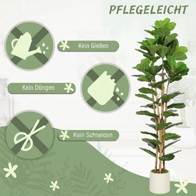 HOMCOM umělý fíkovník (Fiddle Leaf Fig), 180 cm, 91 listů, kmen z masivního dřeva, v květináči — realistická plastová rostlina do obýváku, ložnice, k…