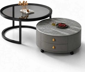 LuxuryForm DESIGN Konferenční stolek ORION 70 × 70 / 50 × 50 cm – šedý / šedý mramor + sklo (set 2 ks)