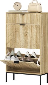 HOMCOM Úzká skříňka na boty se 2 dveřmi – Úložný prostor pro boty s zásuvkou a nastavitelnými policemi pro 8 párů bot 60x24x105,5 cm Dub