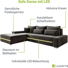 Juskys Rozkládací sedací souprava Davos s LED osvětlením Barva: světle šedá, Provedení: pravé