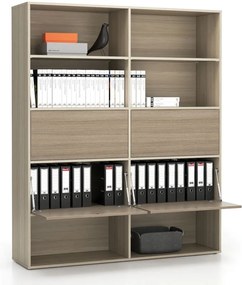 Široký kancelářský policový regál LAYERS, 4 boxy, 1582 x 400 x 1905 mm, dub přírodní / dub mořený