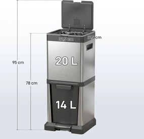 Odpadkový koš 20+14 l Pedálový koš s víkem Nožní pedál Výklopná přihrádka Vyjímatelný vnitřní koš, nerezová ocel 32,5 x 31,5 x 78 cm Stříbrná barva