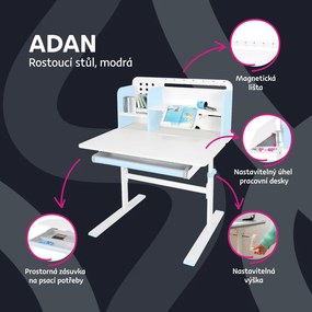 Rostoucí psací stůl, modrá/bílá, ADAN