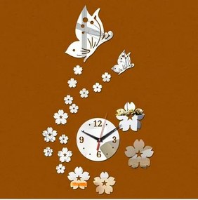 Nástěnné 3D hodiny - motiv Motýlci a květiny Barva: Stříbrná