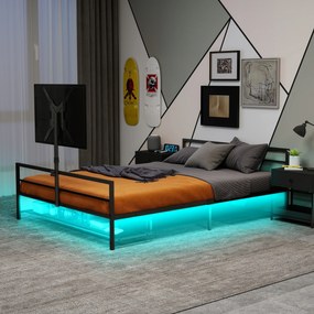 ČERNÁ KOVOVÁ HERNÍ POSTEL 206 CM, LED, NASTAVITELNÁ A KOŠE POD POSTELÍ