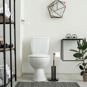 Erga Aurora Small Black, toaletní WC kartáč s dřevěným držákem na WC papír na postavení 19x19x56 cm, hnědá-černá, ERG-SEP-1340STLAZSBLA