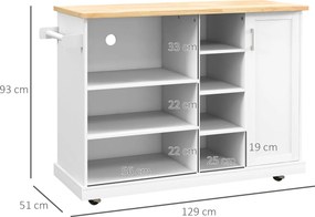 HOMCOM Kuchyňský Ostrov Trolley, Vozík, Kuchyňský Vozík, 7 Otevřených Přihrádek, 1 Skříňka s Dveřmi, 129 x 51 x 93 cm, Dřevo a Bílá