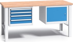 Pracovní stůl do dílny G3 se závěsným boxem a skříňkou na nářadí, buková spárovka, 4 zásuvky, pevné kovové nohy, 1700 mm, modrá