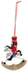 Závěsná vánoční ozdoba Louskáček v červeném na houpacím koníkovi – 7x2x10 cm