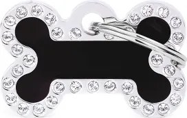 Psí známka MY FAMILY Stříbrná kost s kamínky Swarovski černá