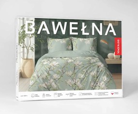 Detexpol Bavlněné povlečení v barvě mint s bílými květy magnólie – 220x200 – kolekce Naturalis – vzor 5497 A