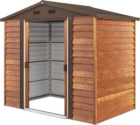 Outsunny Kovový Zahradní Kůlna s Dřevěným Vzhledem 3 m² 152 x 235,7 x 208,7 cm Sklad pro Nástroje s Šikmou Střechou, Okny a Dvoubarevnými Posuvnými Dv