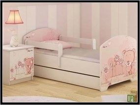 Dětská postel Oskar Růžový medvídek 140x70 cm - Norská borovice - 1x krátká + 1x dlouhá zábrana se šuplíkem