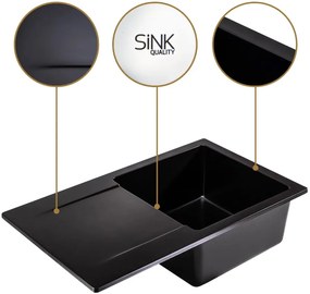 Sink Quality Ferrum, kuchyňský granitový dřez 770x450x190 mm + černý sifon, černá, SKQ-FER.C.1KDO.XB