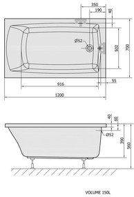 Polysan LILY obdélníková vana 120x70x39 cm, bílá, 25111