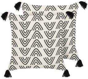 Sada 2 bavlněných polštářů s geometrickým vzorem a střapci 45 x 45 cm bílé/černé MAYS Beliani