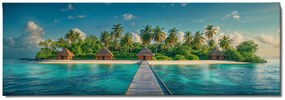 Obraz na plátně - Tropický ostrov s chatami a molem FeelHappy.cz Velikost obrazu: 240 x 80 cm