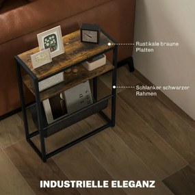 HOMCOM Koncový stolík s policí a stojanem na časopisy - Průmyslový design - 43D x 18Š x 56V cm Tmavě hnědý