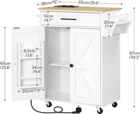 Pojízdný kuchyňský vozík s prodlužovacím kabelem Vasagle Marley 65 cm bílý/dub přírodní