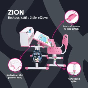 Rostoucí psací stůl a židle, růžová/bílá, set ZION