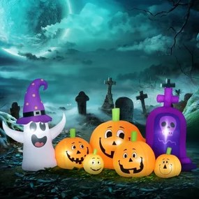 Outsunny Nafukovací Halloween dýně s duchem a náhrobkem s LED světly, IP44 a nafukovač pro párty, 240x130x130 cm, vícebarevná
