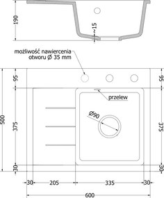 Mexen Ben granitový dřez 1-komorový s odkapávačem, pravý 600 x 500 mm, černý, chromový sifon - 6523605000-77